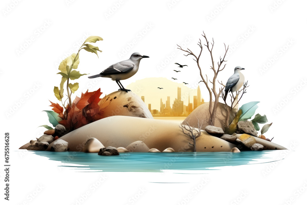 cartoon shore with bird and plants, isolated on transparent background ...