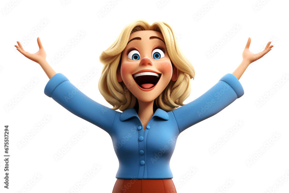 Happy wide opened mouth and hands smiling cartoon character woman with ...