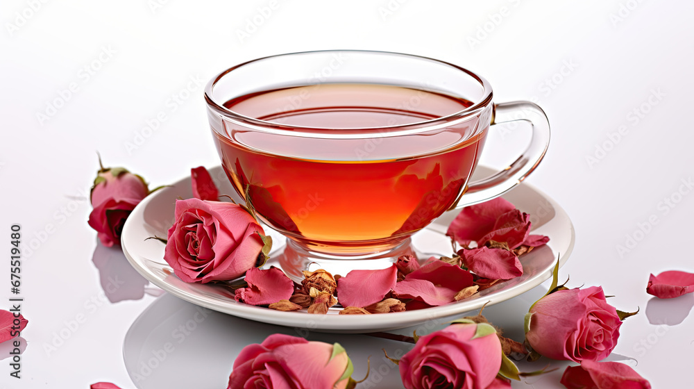 Illustration with a cup of rose tea and rose buds on a white background ...