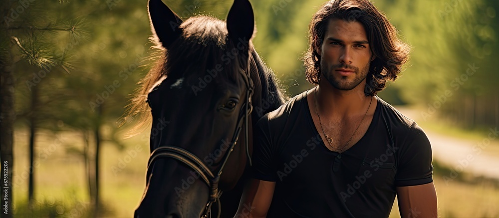 In the picturesque summer landscape a young beautiful man poses for a ...