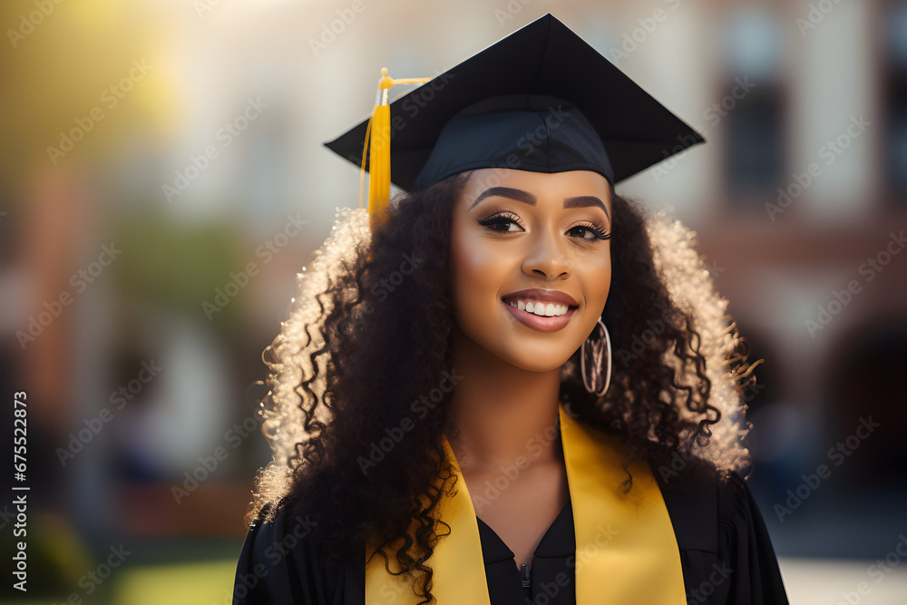 Portrait of a black woman, wearing a graduation cap and gown, smiling ...