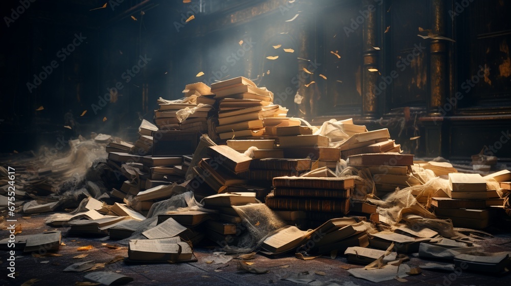 A stack of tattered and torn books in a neglected public library with ...