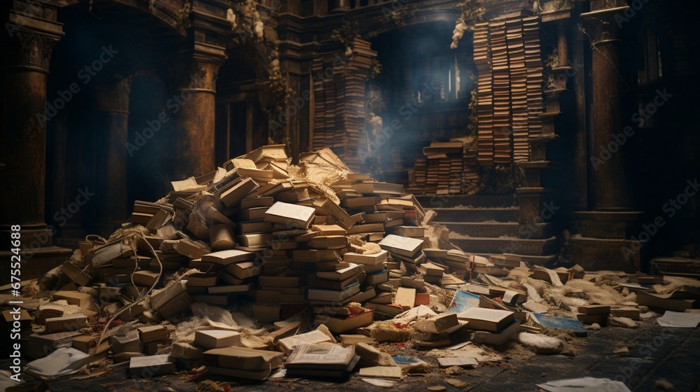 A stack of tattered and torn books in a neglected public library with ...