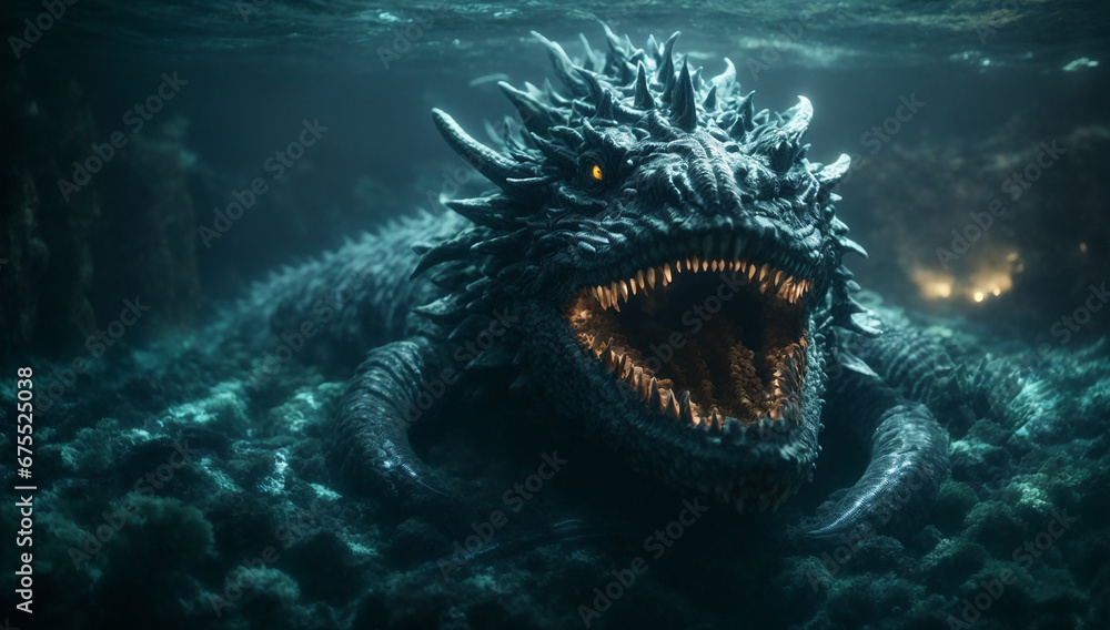 an image of a colossal leviathan, resembling a serpentine sea monster ...