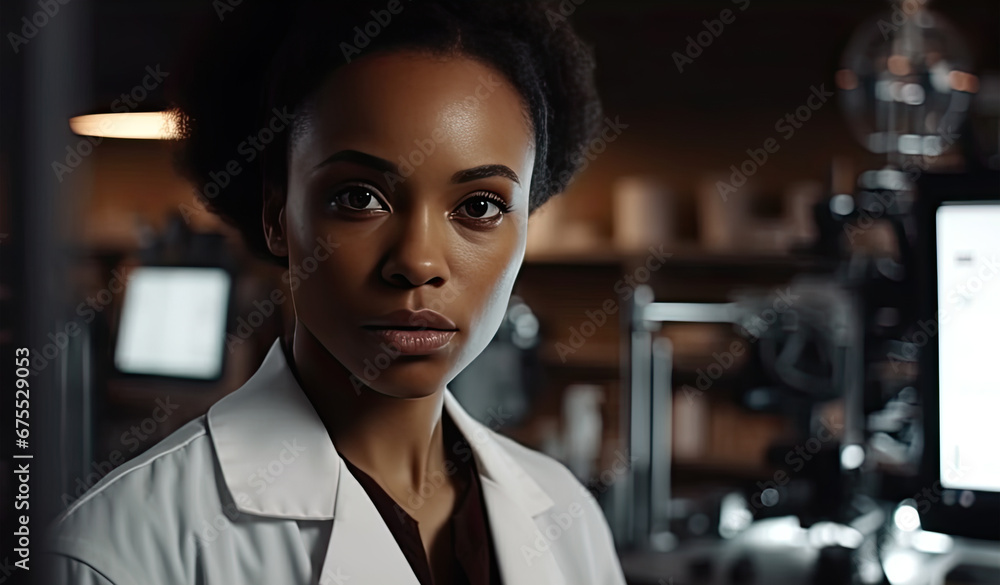 Confident female scientist researcher stands in white coat against ...