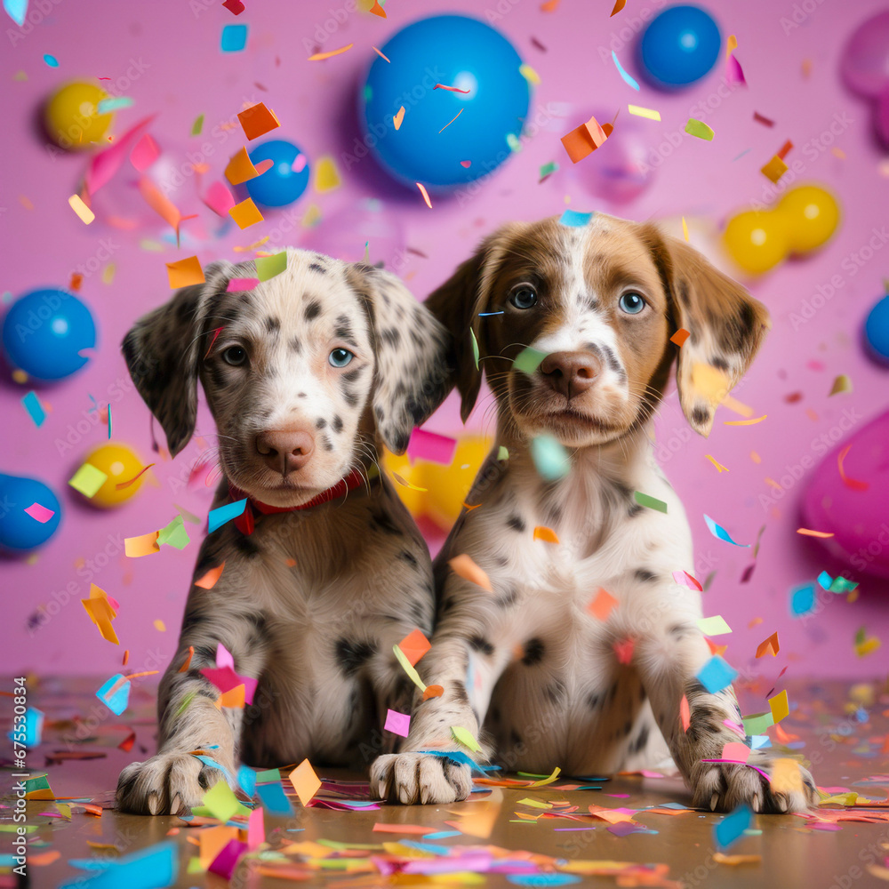 Illustrated concept of a party with animals, two small cute dogs having ...