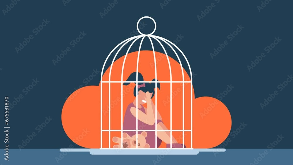 Little girl locked in an iron cage. A sad girl is locked up in a cage ...