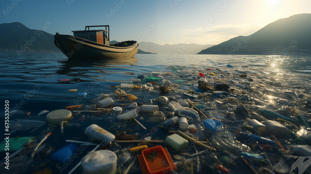 abandoned fishing boat floats in masses of plastic waste floating in ...