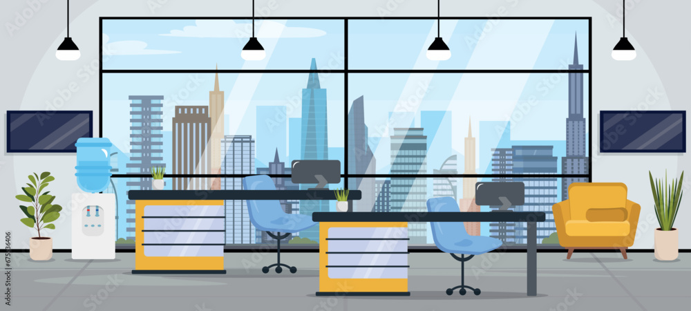 Vector illustration of a beautiful office interior. A cartoon scene of ...