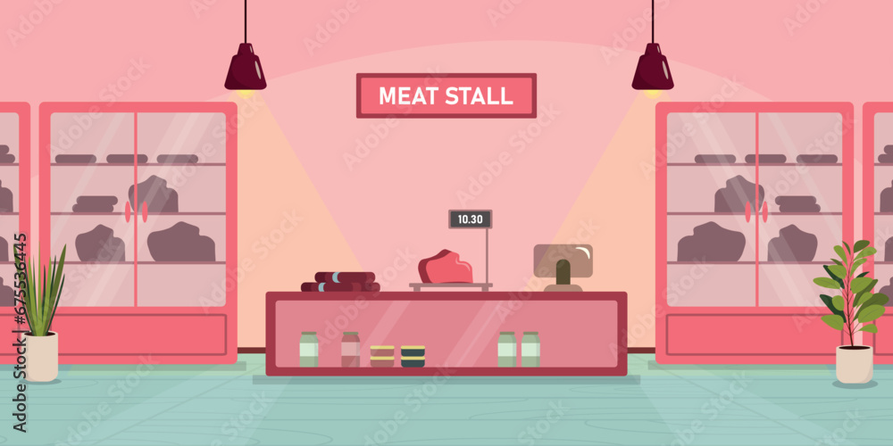 Vector illustration of a beautiful interior of a meat stall. Cartoon ...