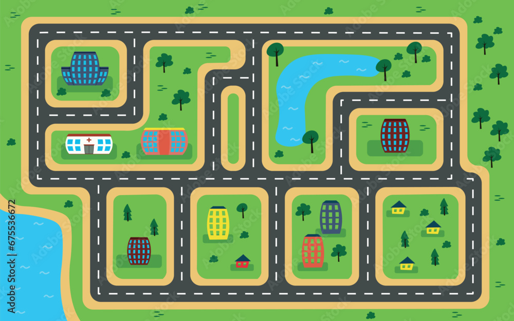 Vector illustration of a beautiful top view road map. Cartoon scene of ...