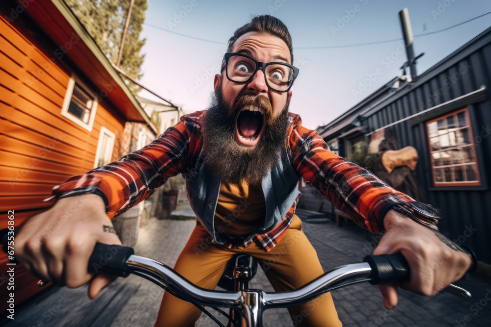 Funny angry bicycle activist: a hipster man with glasses and beard riding his bike on a narrow ...