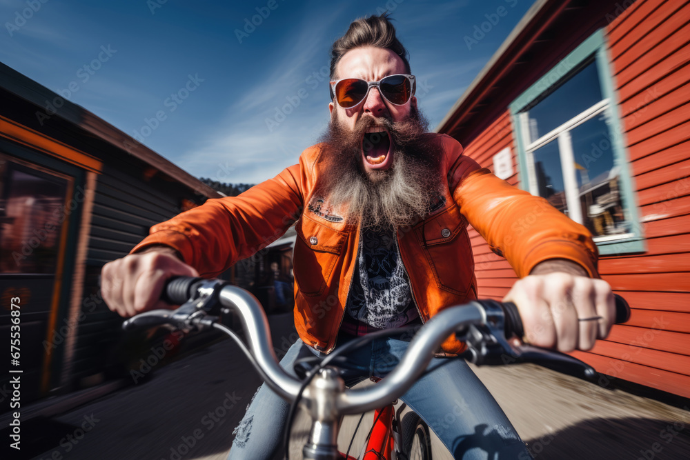 Funny angry bicycle activist: a hipster man with sunglasses and beard ...