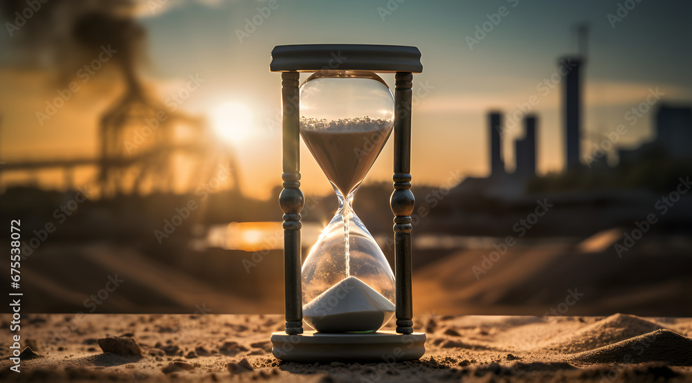 Hourglass on a sandy ground against a smoking factory backdrop ...