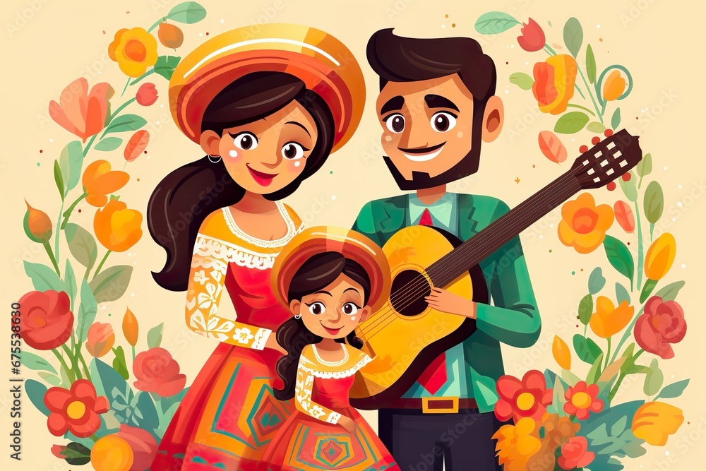 Mexican traditional culture icon cartoon illustration Mexican family ...