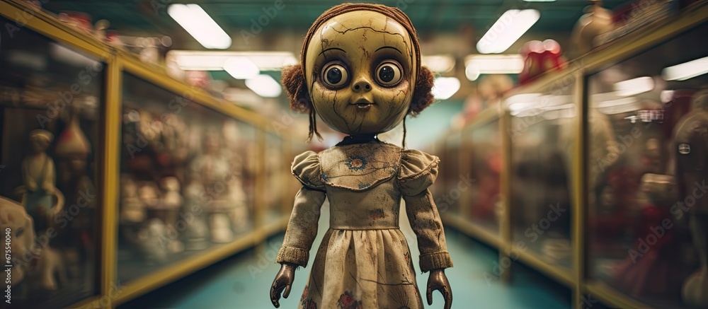 In the vintage toy shop a cute and adorable doll with a spooky and ...