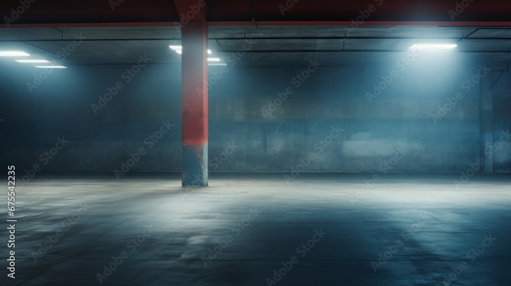 empty parking garage background with dappled light streaking across the ...