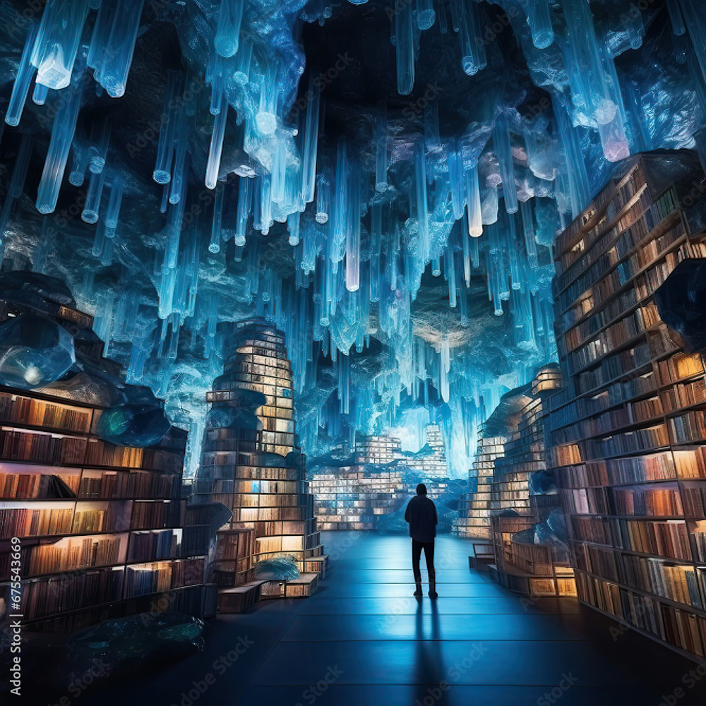 Spectral Library Corridor with Glowing Ice Formations and Bookshelves ...