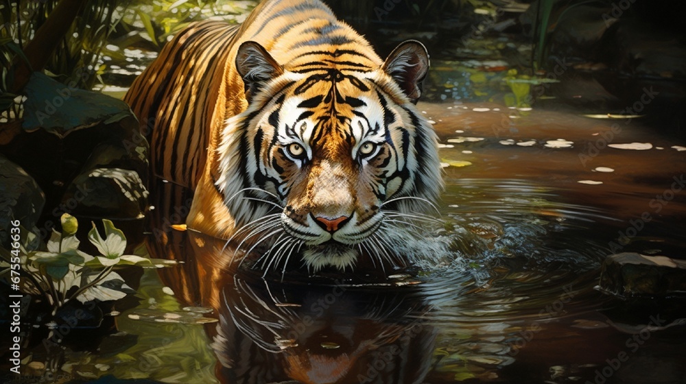 An Indochinese tiger drinking from a serene jungle stream in Southeast ...