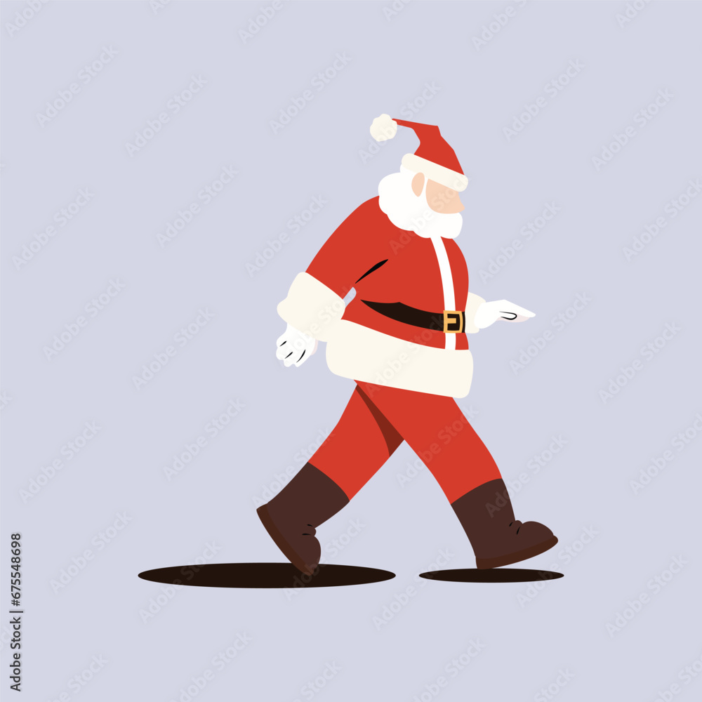 flat cartoon vector, colorful and festive illustration, walking Santa ...