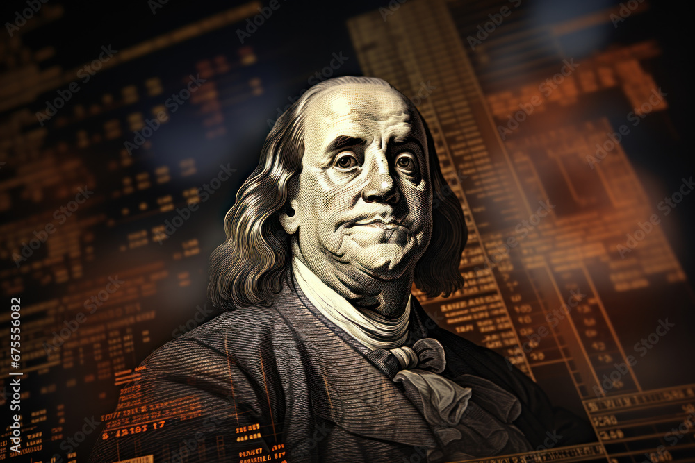 A close-up captures Benjamin Franklin's face on a USD banknote ...