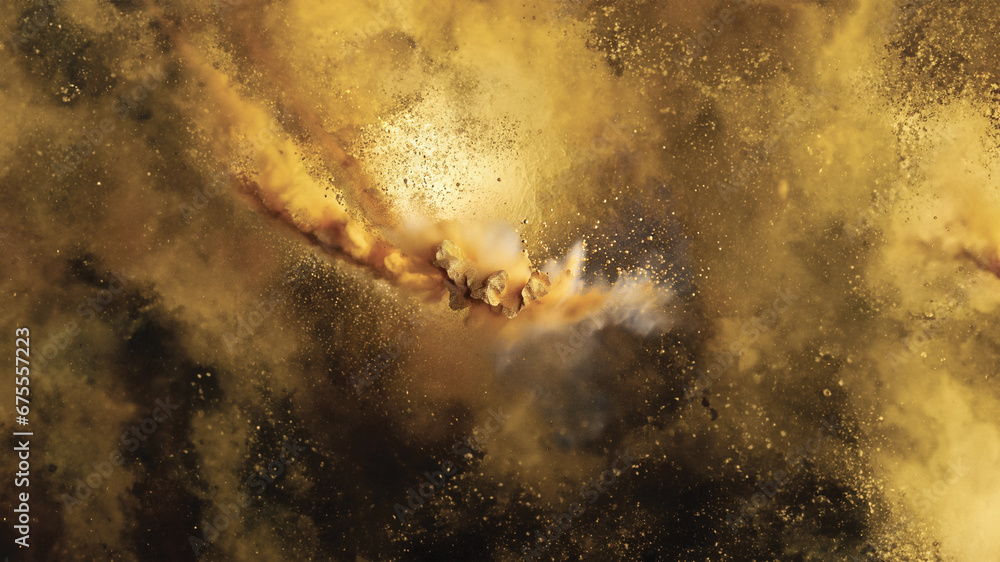 Gold pigment and gold smoke explosion on a gold background. Generative ...