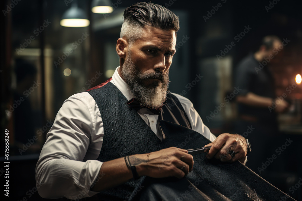 A barber finishing a haircut with a straight razor line-up, creating a ...