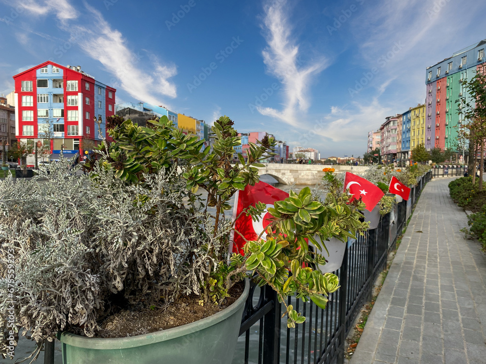 Silivri, Istanbul, Turkey November 6, 2023 Pedestrian bridge view with ...
