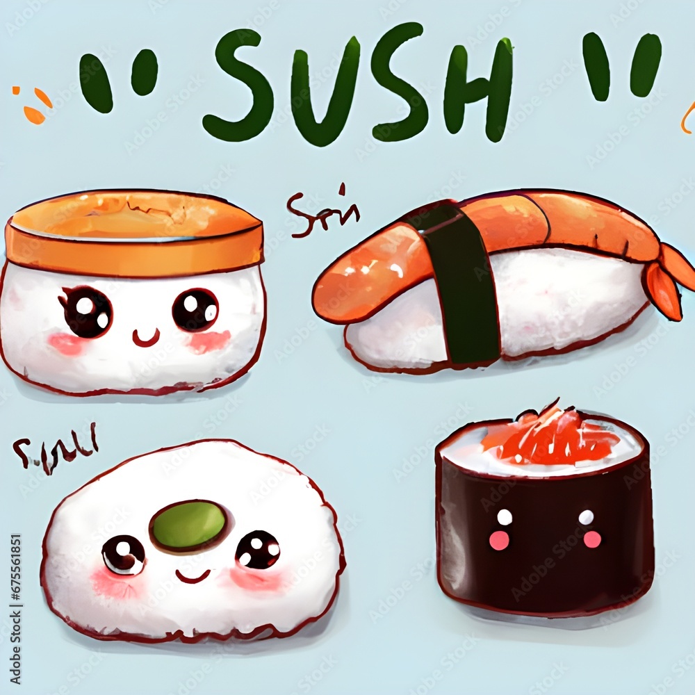 cute kawaii sushi illustration, sushi art, sushi, cute kawaii illustration, cute kawaii ...