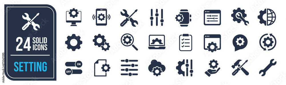 Setting solid icons collection. Containing setup, gear, tool, configuration icons. For website ...