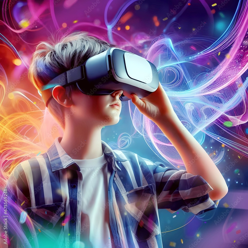 Boy VR Headset Virtual World virtual reality simulator. A boy in a ...