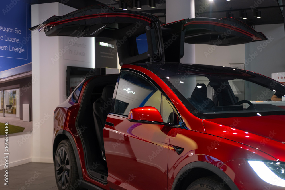 Ultra Red electric vehicle Tesla model X in Studio, SUV Powertrain in ...