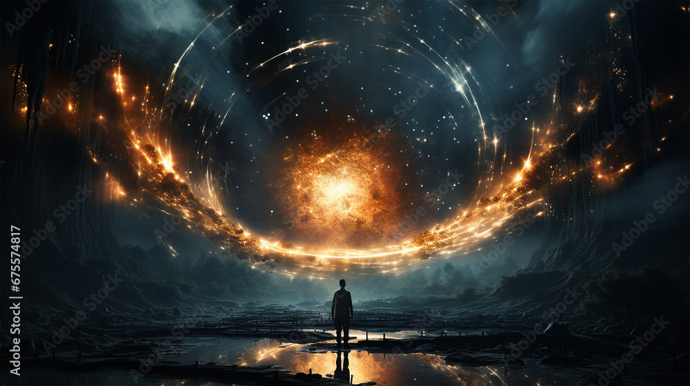 Scifi concept illustration, boy facing epic glowing lights, cosmic ...