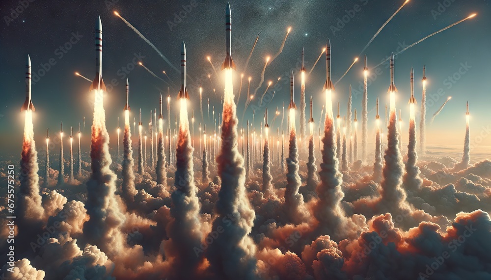The launch of many military missiles. War and weapons concept. Military ...