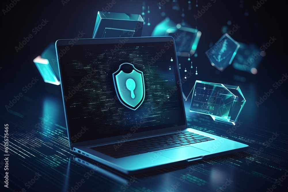 Laptop with shield, Cyber Security concept. 3D laptop and cloud data ...