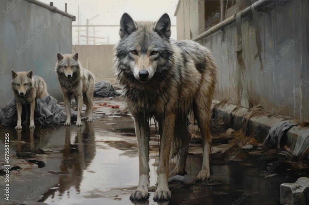 Wild wolves in captivity. Dirty, sick, skinny wolves in poor conditions ...