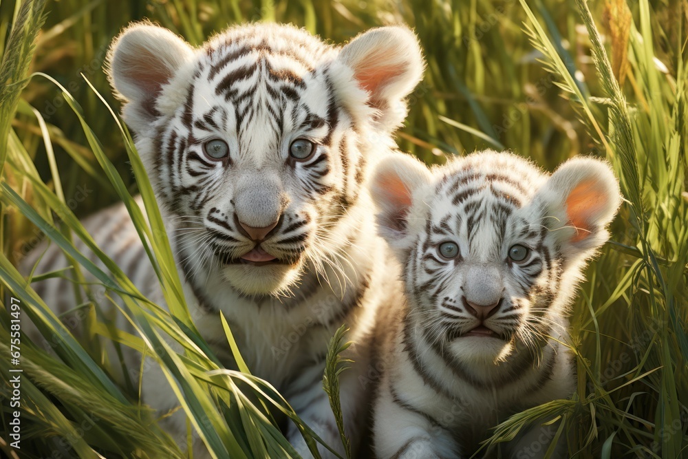 Little Bengal white tiger cubs. Two free wild tiger cubs in their ...