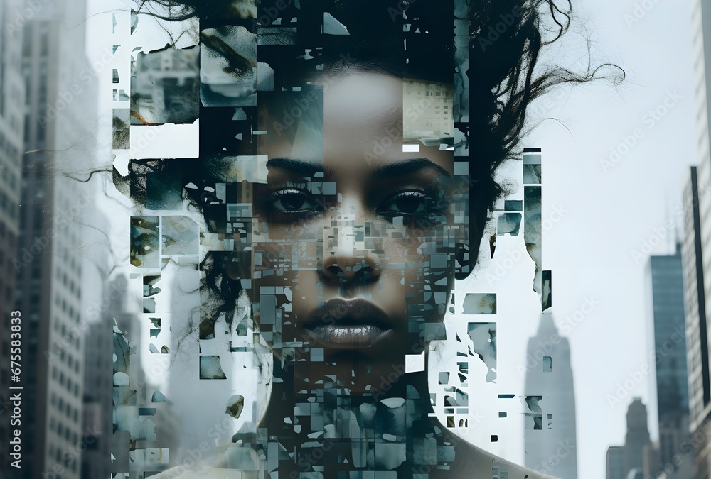 portrait of a woman against the background of a photo of New York ...