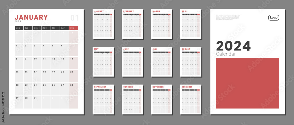 Set of Monthly page Calendar Planner Templates 2024 with Cover and ...