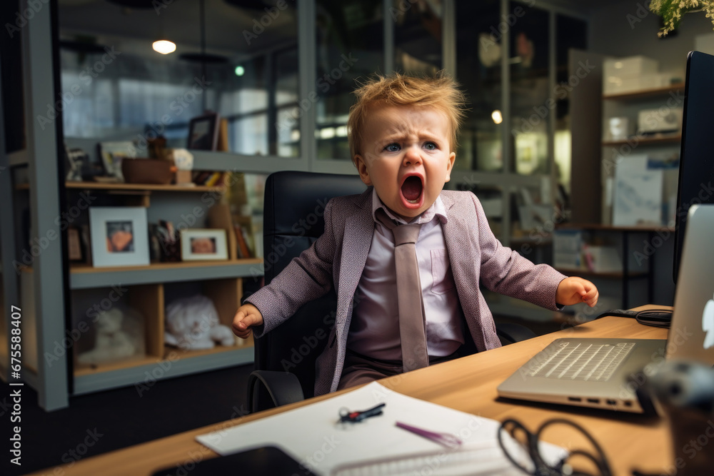 Turbulent Workplace. Angry Toddler Girl Sitting in Office with ...
