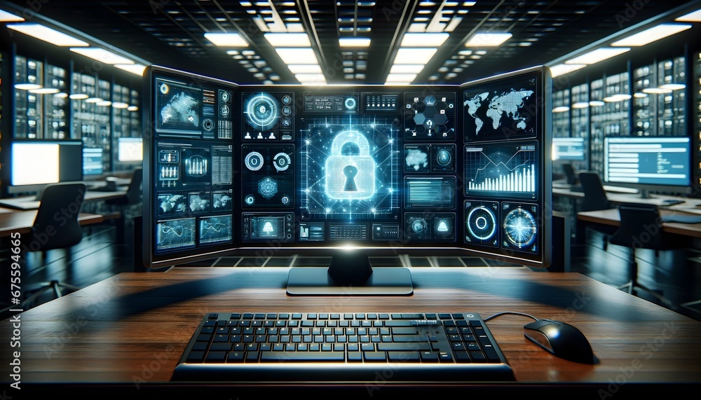 Laptop Computer in server room data center showing padlock symbol ...