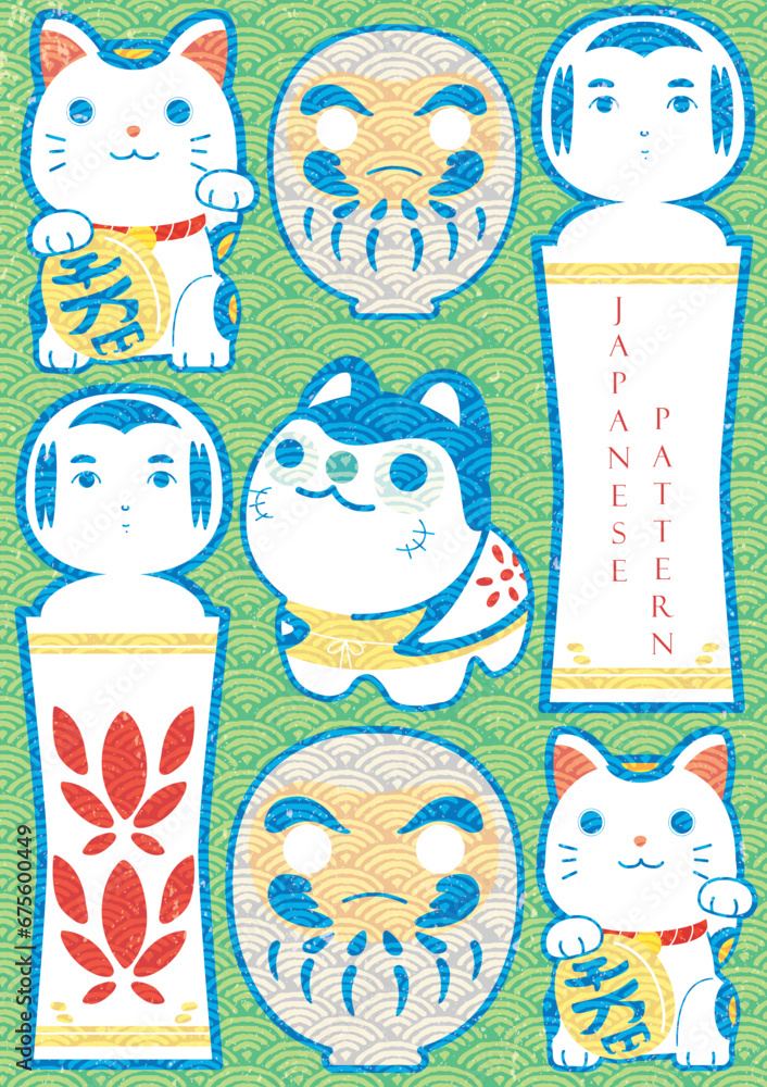 Japanese icons in cartoon doodle style. Flat design of wooden doll ...