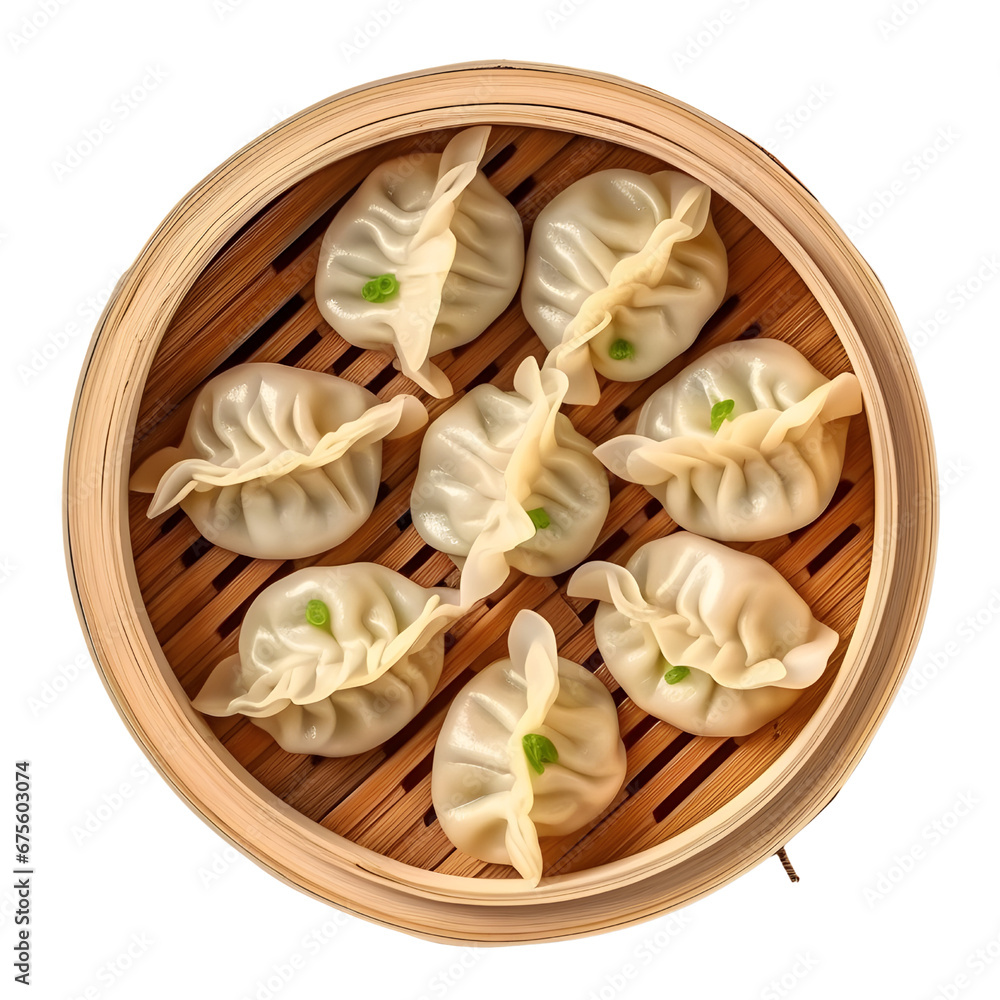 Top view Chinese dumplings in bamboo steamer isolated on transparent ...