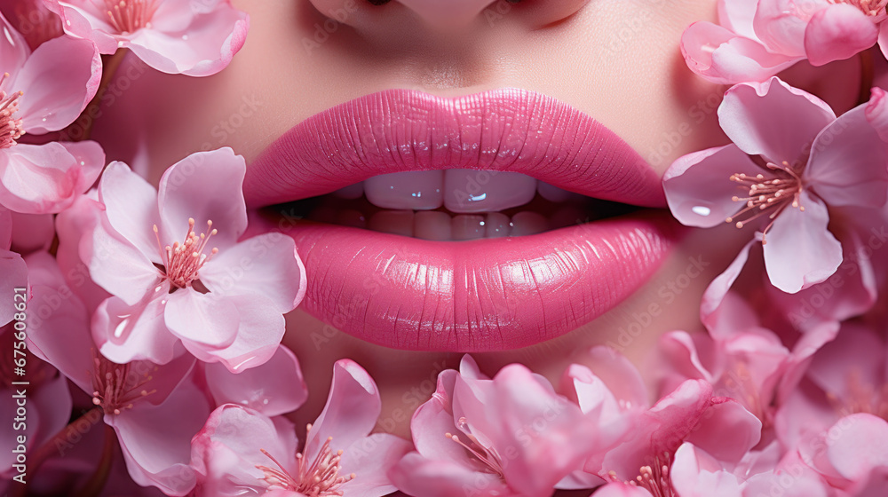 Full pink lips amidst a cascade of cherry blossoms, a fusion of nature ...