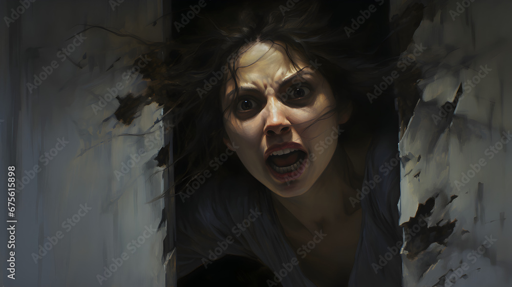 A Classic Horror Movie Jump Scare Scene Featuring A Woman Thrusting Her Head Out Of A Hole In