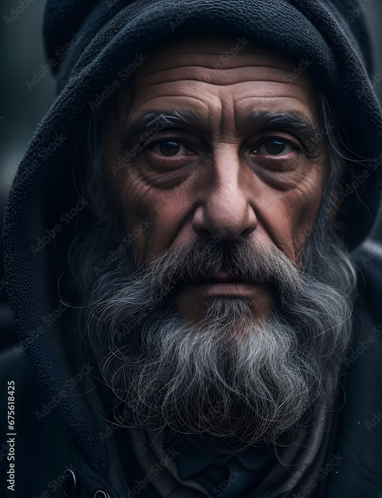 A captivating portrayal of a homeless gentleman, his detailed face ...