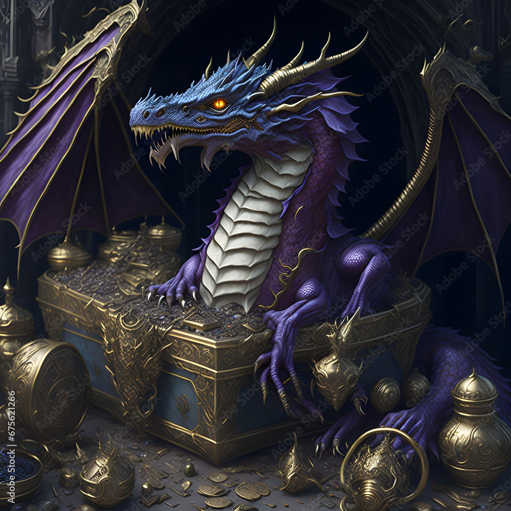 Witness the majesty of a mythical dragon perched atop a vast treasure ...