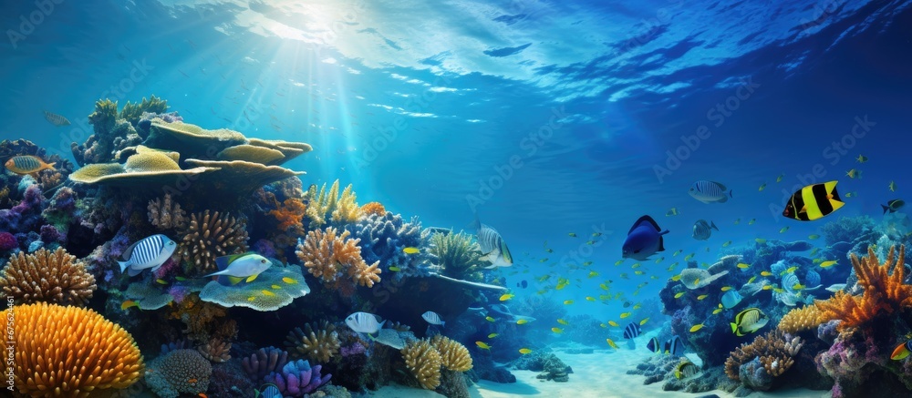 In the tropical ocean the vibrant blue water provides a stunning ...