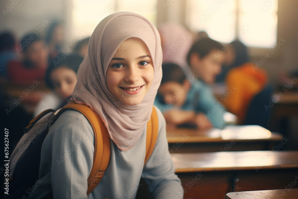 The photo shoot of a little cute female elementary student sits in a ...