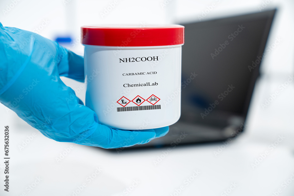 NH2COOH carbamic acid CAS chemical substance in white plastic ...